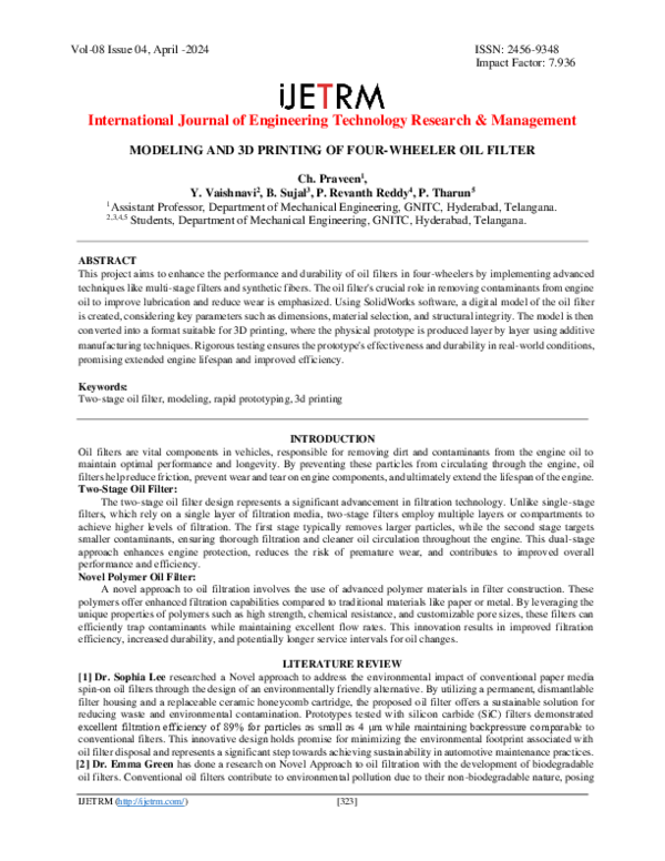 (PDF) MODELING AND 3D PRINTING OF FOUR-WHEELER OIL FILTER