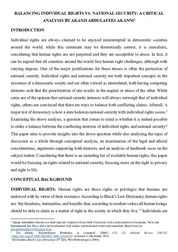 (PDF) BALANCING INDIVIDUAL RIGHTS VS NATIONAL SECURITY