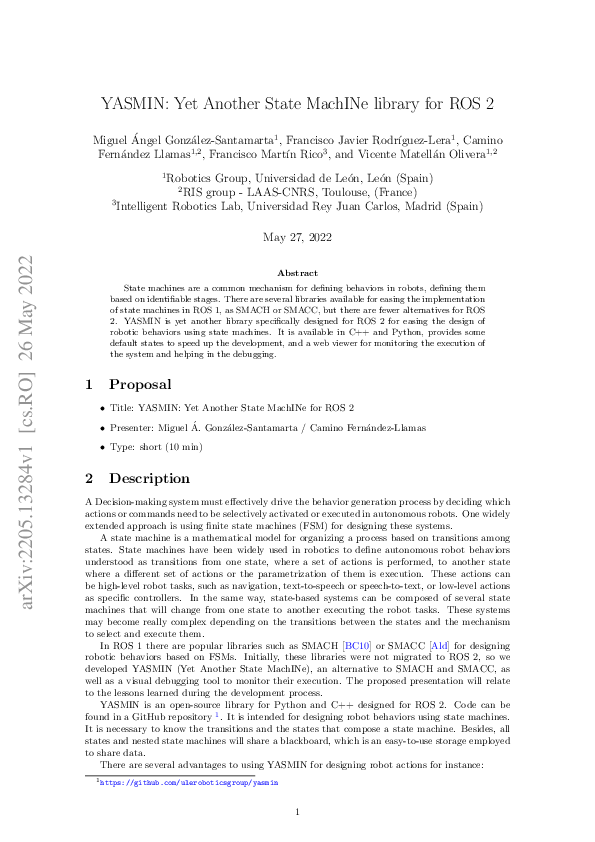 (PDF) YASMIN: Yet Another State MachINe library for ROS 2