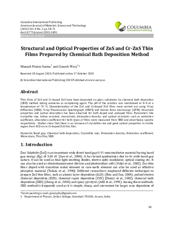(PDF) Structural and Optical Properties of ZnS and Cr-ZnS Thin Films Prepared by Chemical Bath ...