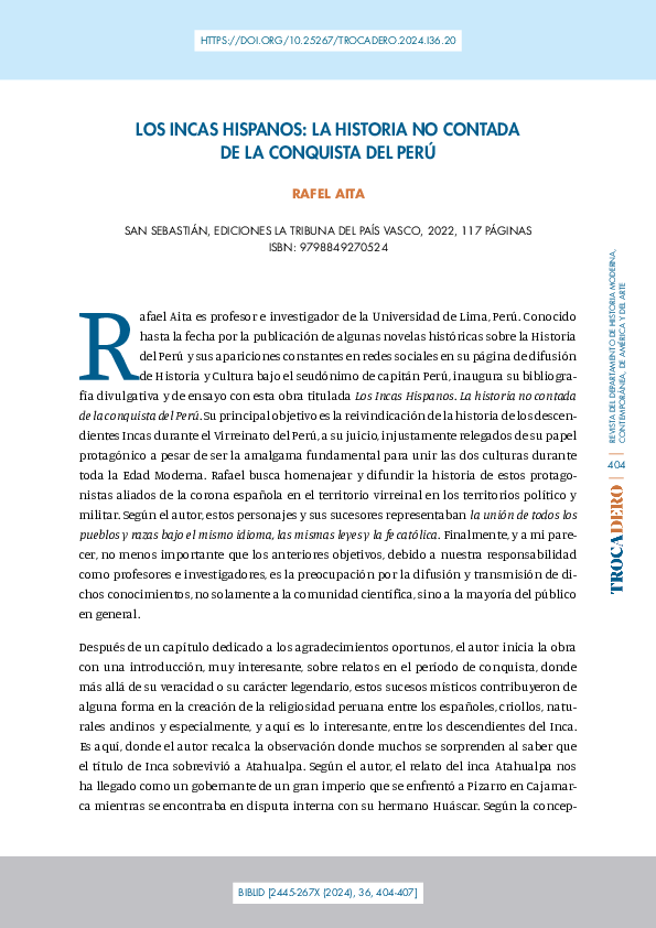 (PDF) Reseña obra: Los incas hispanos: la historia no contada de la conquista del Perú.