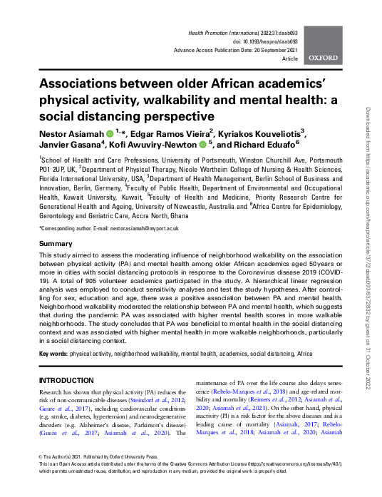 (PDF) Associations between older African academics’ physical activity, walkability and mental ...