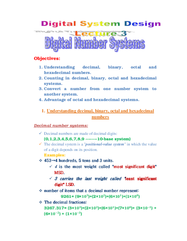 (PDF) Lecture 3 Digital Number Systems