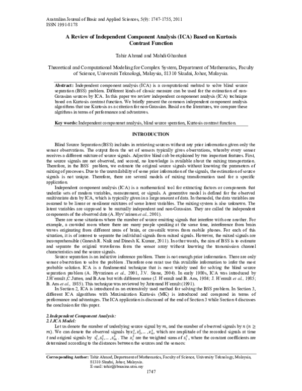 (PDF) A Review of Independent Component Analysis (ICA) Based on Kurtosis Contrast Function