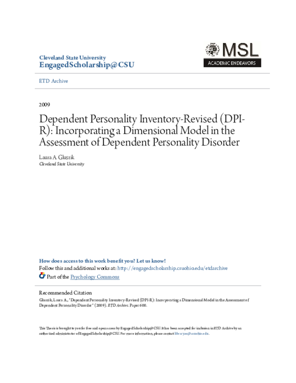 (PDF) EngagedScholarship@CSU Dependent Personality Inventory-Revised ...