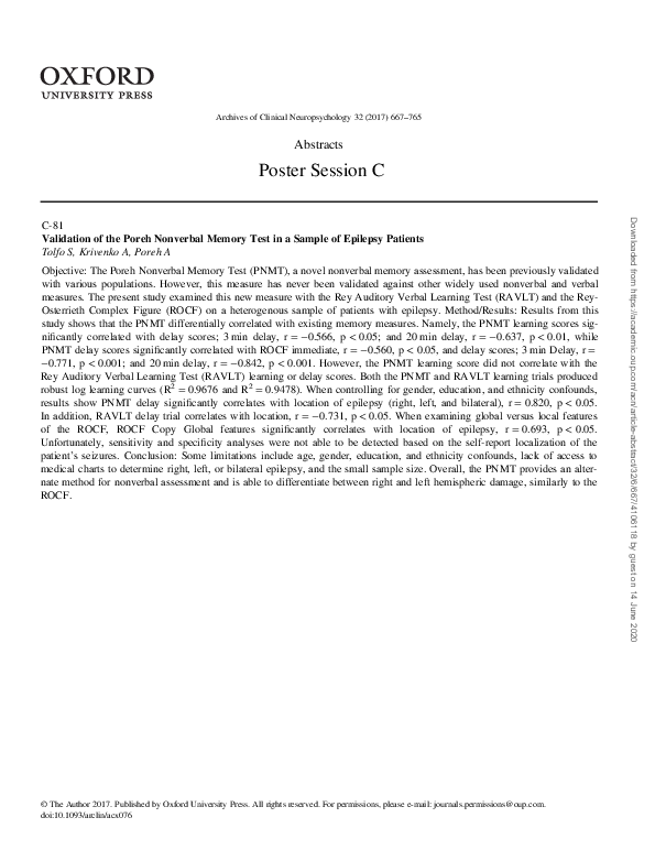 (PDF) C-81Validation of the Poreh Nonverbal Memory Test in a Sample of ...