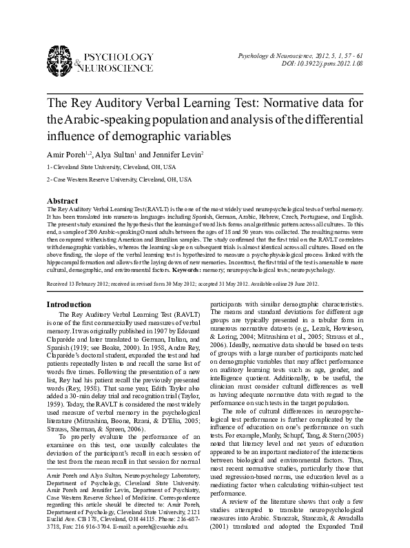 (PDF) The Rey Auditory Verbal Learning Test: Normative data for the ...