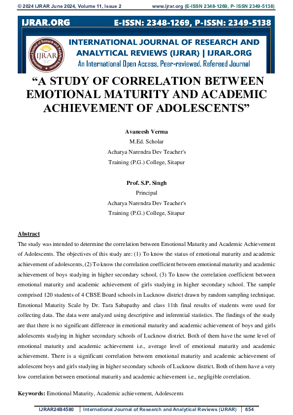 (PDF) A STUDY OF CORRELATION BETWEEN EMOTIONAL MATURITY AND ACADEMIC ...