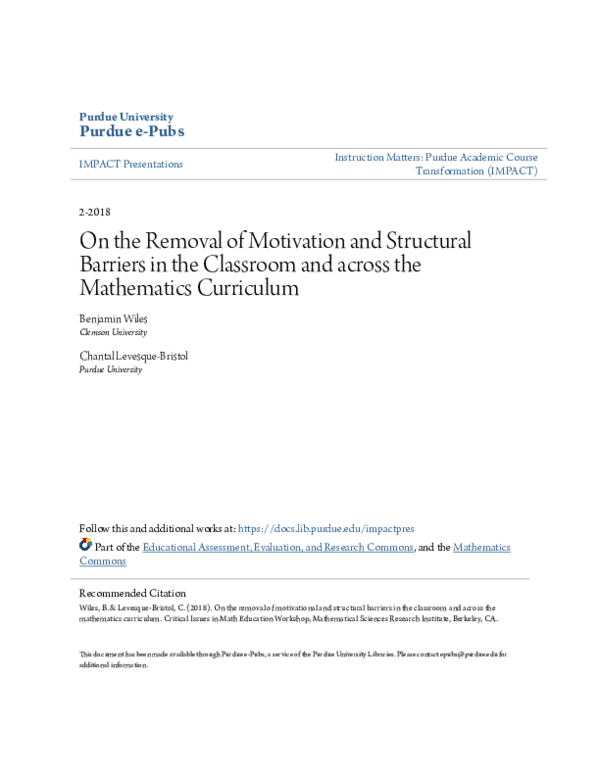 (PDF) On the Removal of Motivation and Structural Barriers in the ...