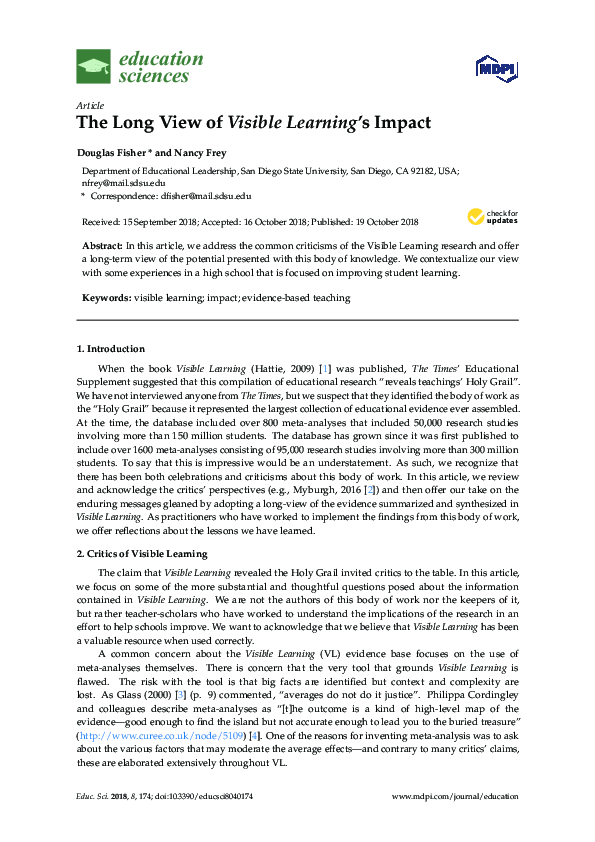 (PDF) The Long View of Visible Learning’s Impact