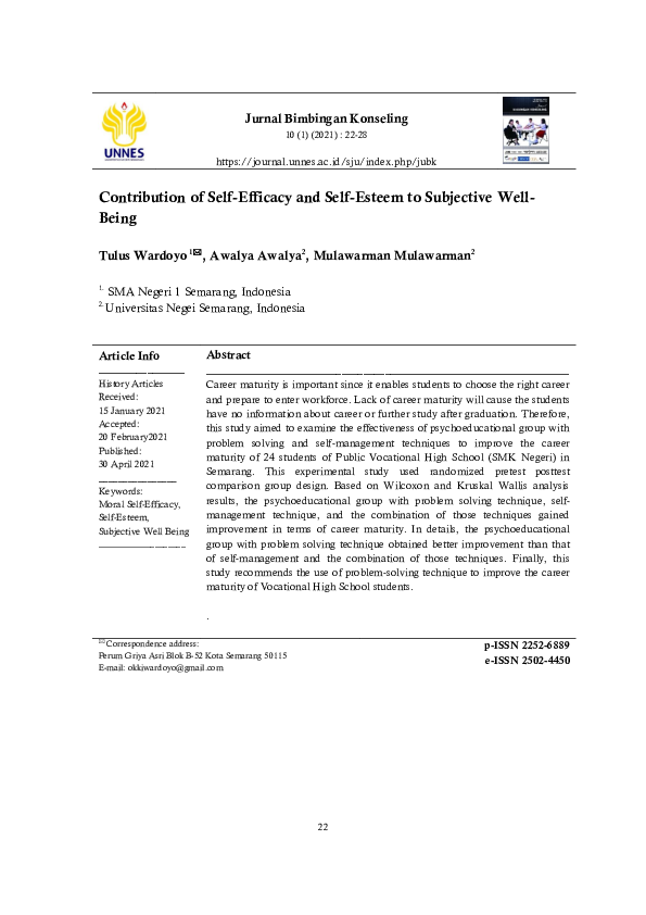 (PDF) Contribution of Self-Efficacy and Self-Esteem to Subjective Well ...