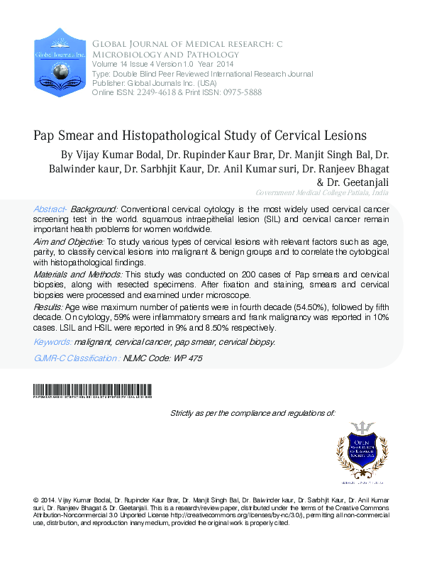 (PDF) Pap Smear and Histopathological Study of Cervical Lesions