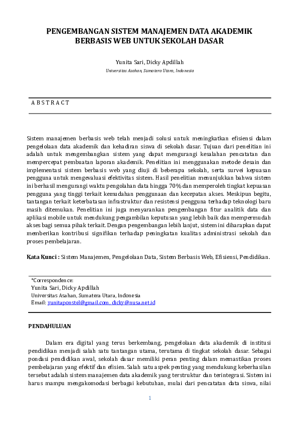 (PDF) PENGEMBANGAN SISTEM MANAJEMEN DATA AKADEMIK BERBASIS WEB UNTUK SEKOLAH DASAR