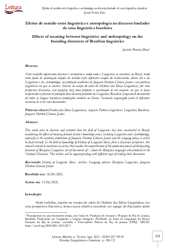 (PDF) Efeitos de sentido entre linguística e antropologia no discurso ...