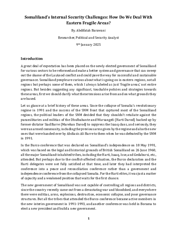 (PDF) Somaliland's Internal Security Challenges: How Do We Deal With Eastern Fragile Areas?