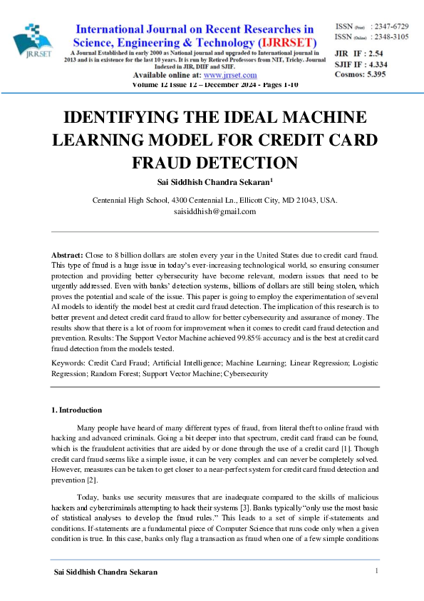 (PDF) Identifying the Ideal Machine Learning Model for Credit Card ...
