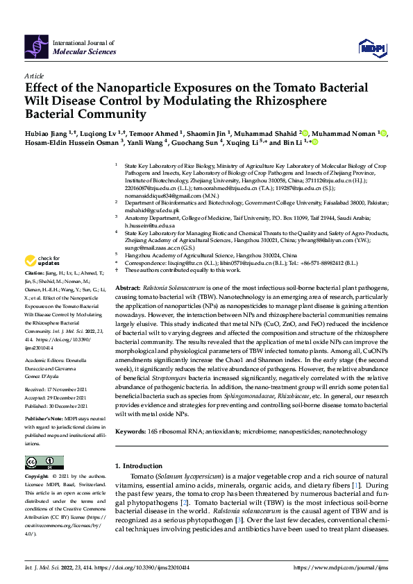 (PDF) Effect of the Nanoparticle Exposures on the Tomato Bacterial Wilt Disease Control by ...