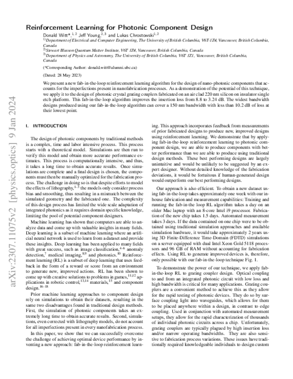 (PDF) Reinforcement Learning for Photonic Component Design