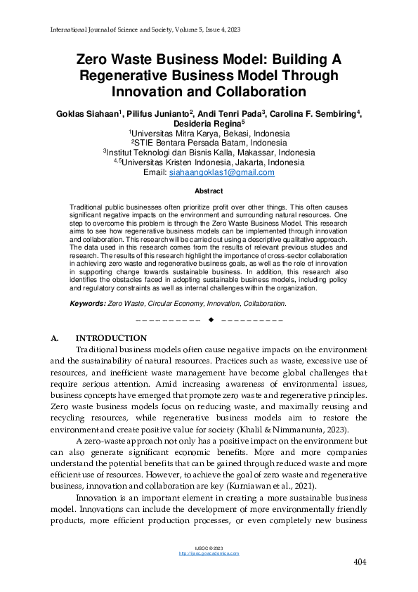 (PDF) Zero Waste Business Model: Building A Regenerative Business Model Through Innovation and ...