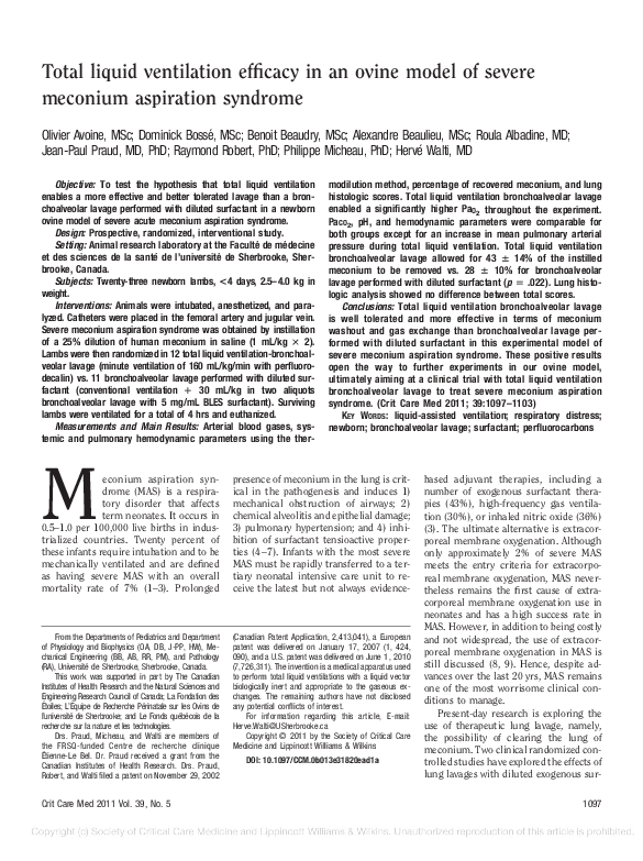 (PDF) Total liquid ventilation efficacy in an ovine model of severe ...