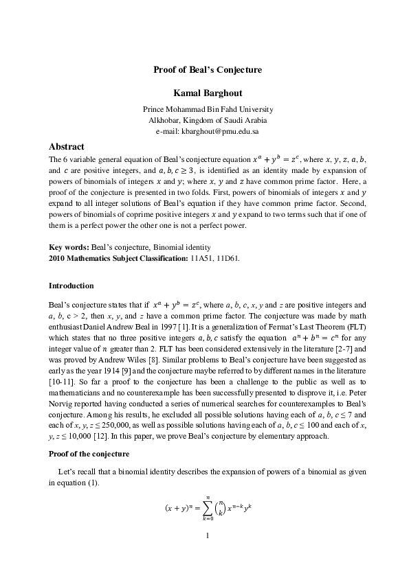 (PDF) Proof of Beal's Conjecture