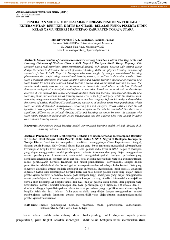 (PDF) Penerapan Model Pembelajaran Berbasis Fenomena Terhadap Keterampilan Berpikir Kritis Dan ...