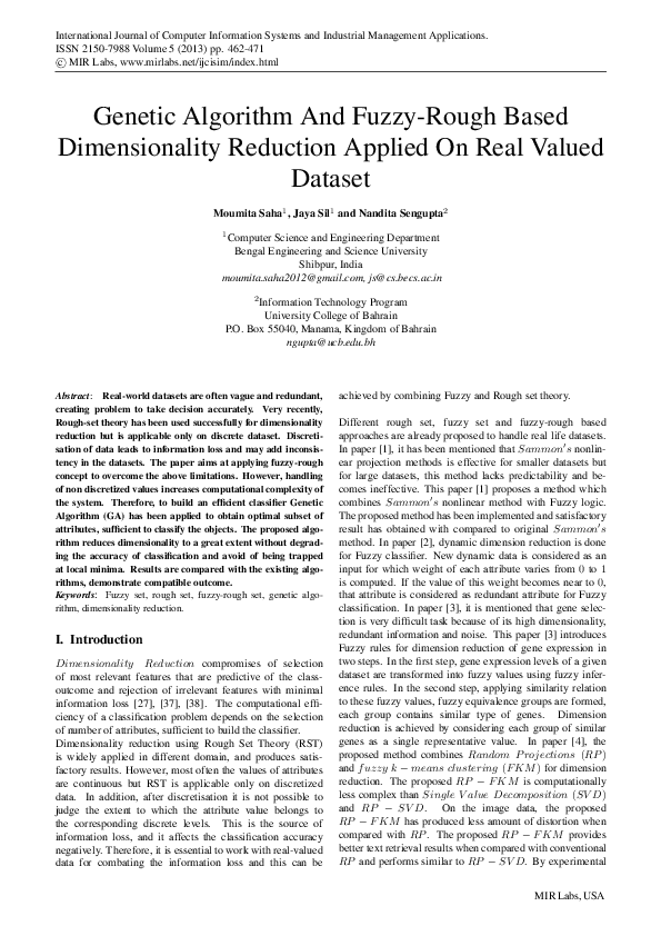 Pdf Genetic Algorithm And Fuzzy Rough Based Dimensionality Reduction