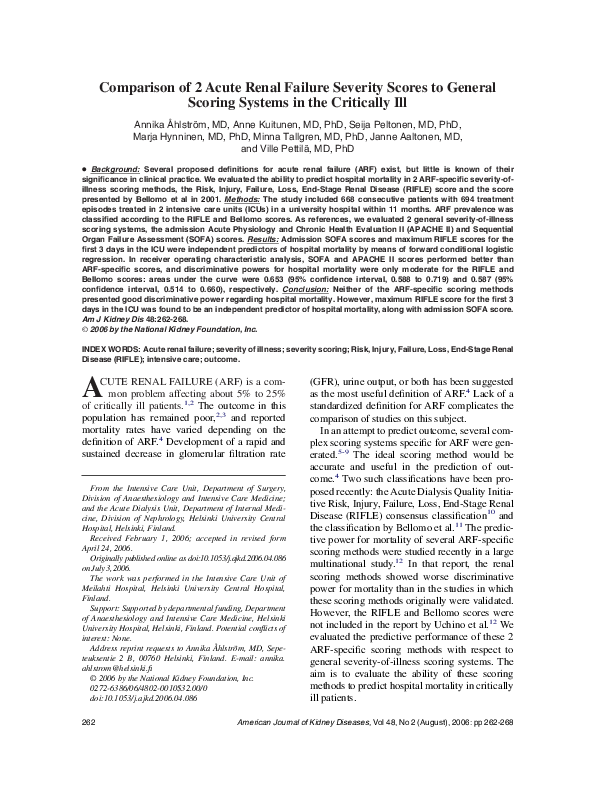(PDF) Comparison of 2 Acute Renal Failure Severity Scores to General ...