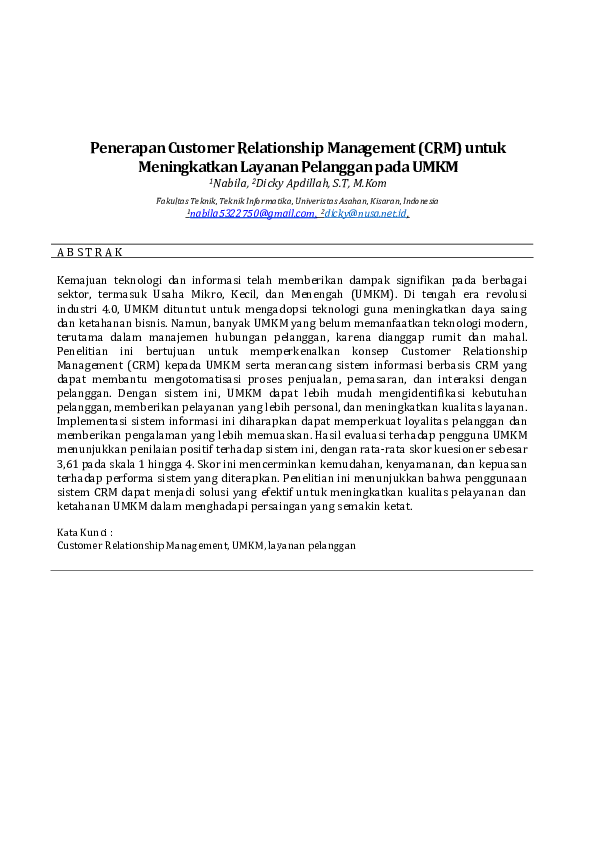 (PDF) Penerapan Customer Relationship Management (CRM) untuk Meningkatkan Layanan Pelanggan pada ...