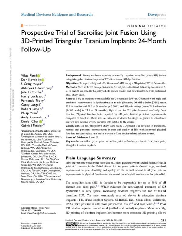 Prospective Trial of Sacroiliac Joint Fusion Using 3D-Printed ...