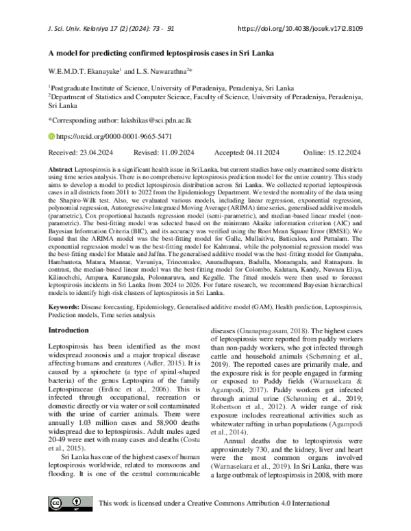 (PDF) A model for predicting confirmed leptospirosis cases in Sri Lanka