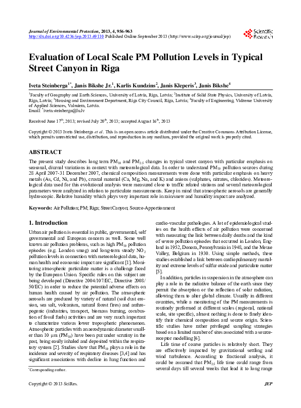 Pdf Evaluation Of Local Scale Pm Pollution Levels In Typical Street Canyon In Riga