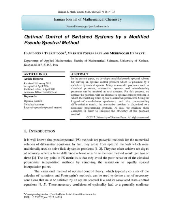 Pdf Optimal Control Of Switched Systems By A Modified Pseudo Spectral