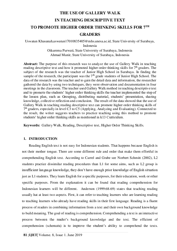(PDF) The Use of Gallery Walk in Teaching Descriptive Text to Promote ...