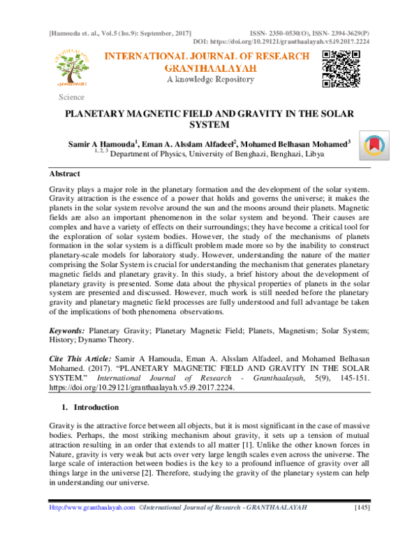 (PDF) Planetary Magnetic Field and Gravity in the Solar System