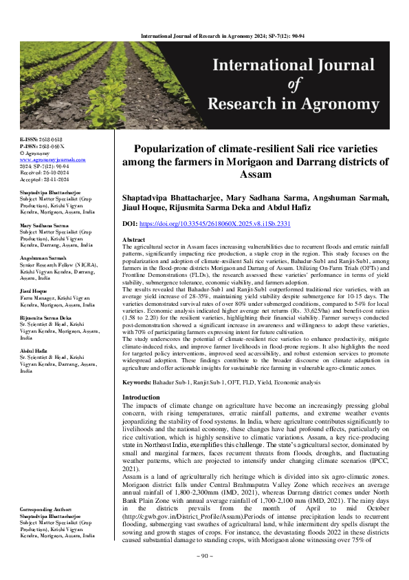 (PDF) Popularization of climate-resilient Sali rice varieties among the farmers in Morigaon and ...