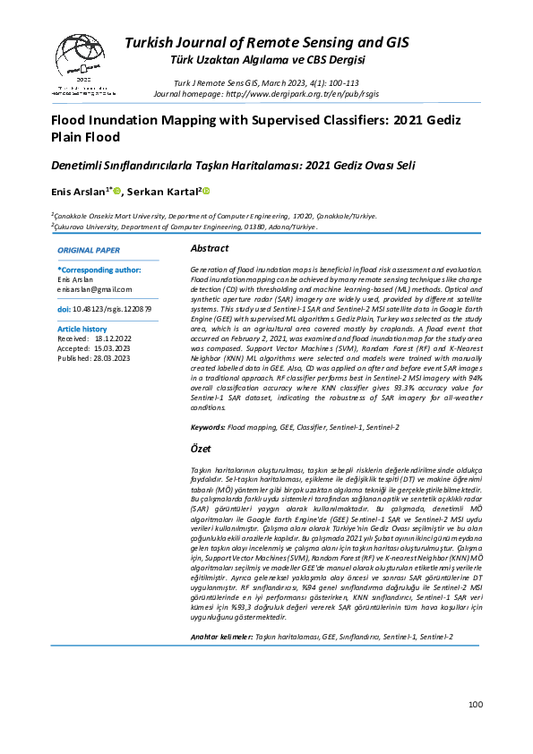 (PDF) Flood Inundation Mapping with Supervised Classifiers: 2021 Gediz Plain Flood