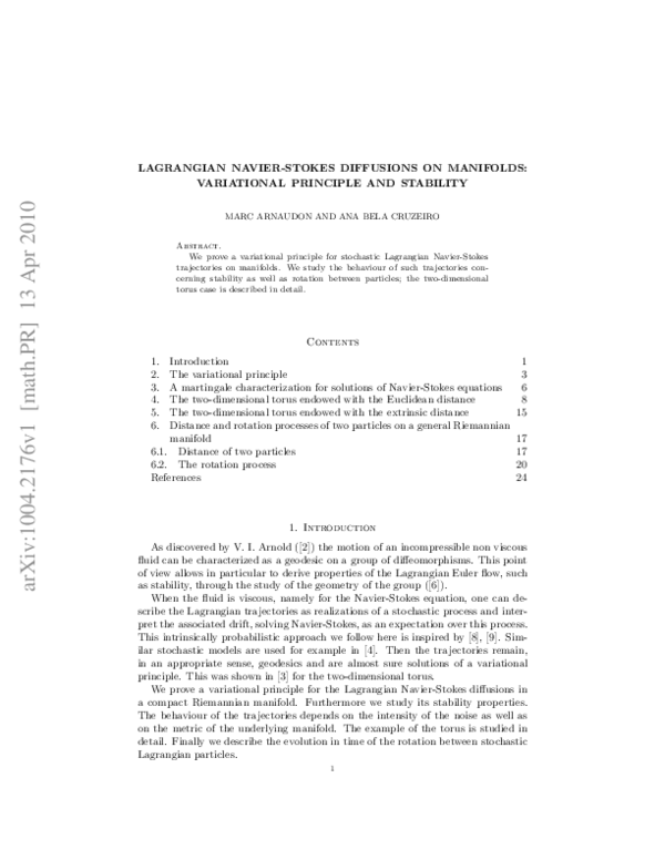 (PDF) Lagrangian Navier-Stokes diffusions on manifolds: variational principle and stability