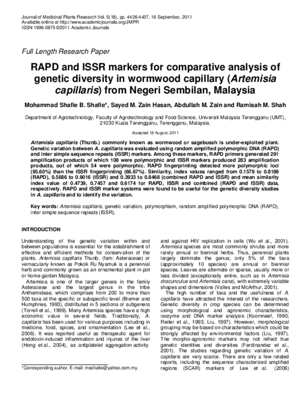 (PDF) RAPD and ISSR markers for comparative analysis of genetic diversity in wormwood capillary ...