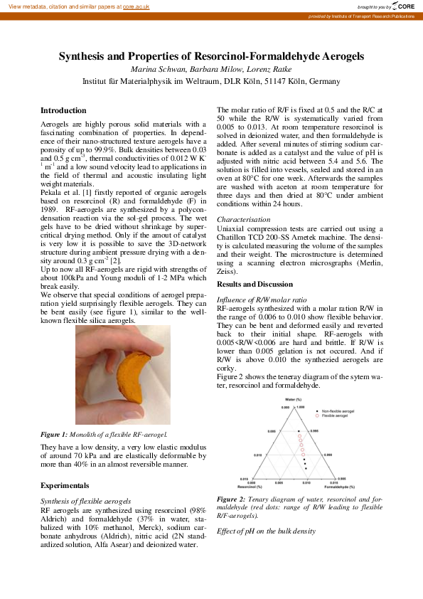 (PDF) Synthesis and Properties of Flexible Resorcinol-Formaldehyde Aerogels