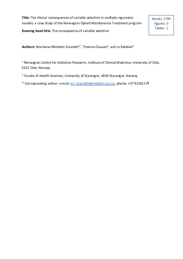 Pdf The Clinical Consequences Of Variable Selection In Multiple Regression Models A Case