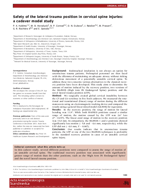 (PDF) Safety of the lateral trauma position in cervical spine injuries ...