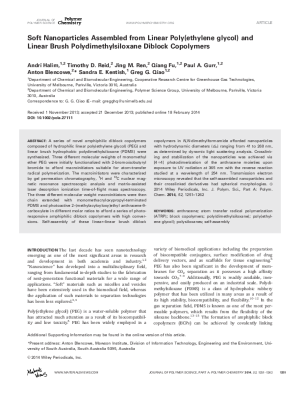(PDF) Soft nanoparticles assembled from linear poly(ethylene glycol) and linear brush ...