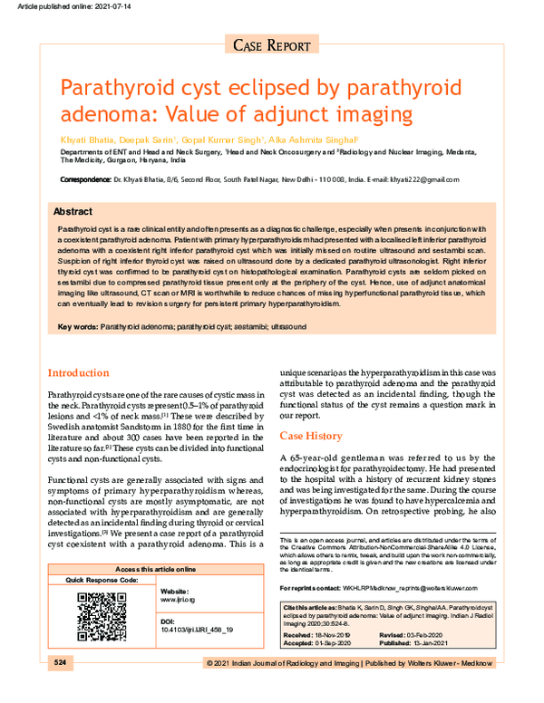 (PDF) Parathyroid cyst eclipsed by parathyroid adenoma: Value of ...