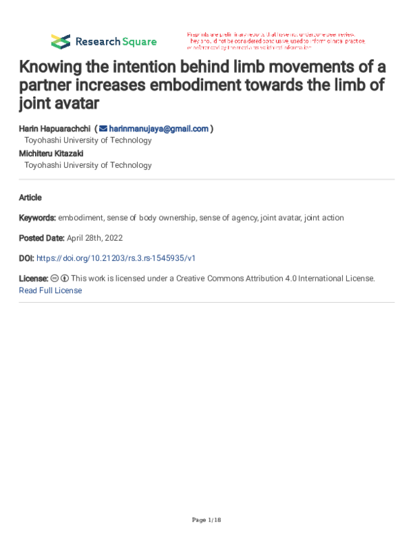 (PDF) Knowing the intention behind limb movements of a partner ...