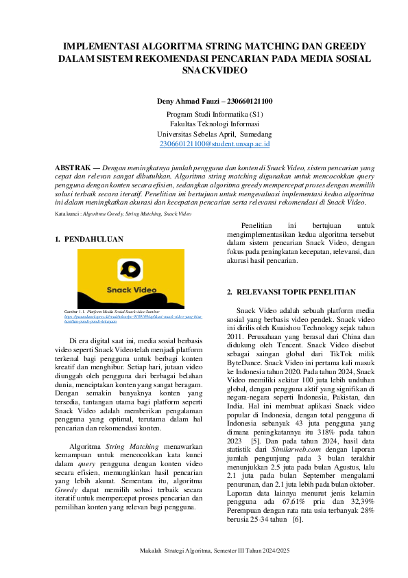 (PDF) Implementasi Algoritma Greedy dan String Matching Pada Media Sosial SnackVidio