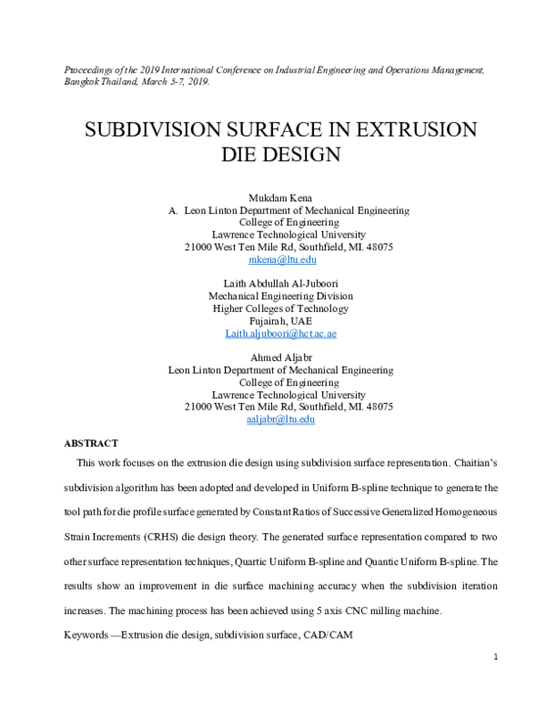 (PDF) SUBDIVISION SURFACE IN EXTRUSION 2019 conference