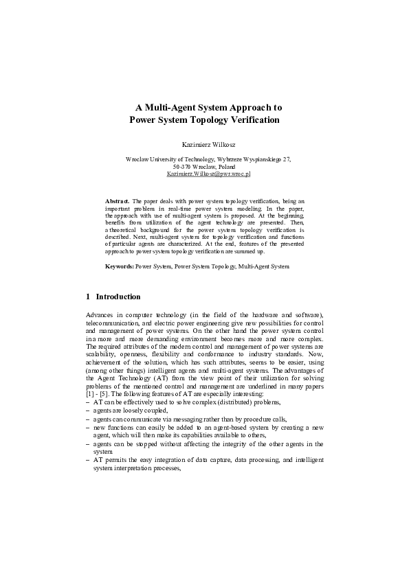 (PDF) A Multi-agent System Approach to Power System Topology Verification