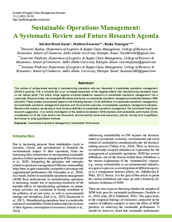 (PDF) Sustainable Operations Management A Systematic Review and Future Research Agenda