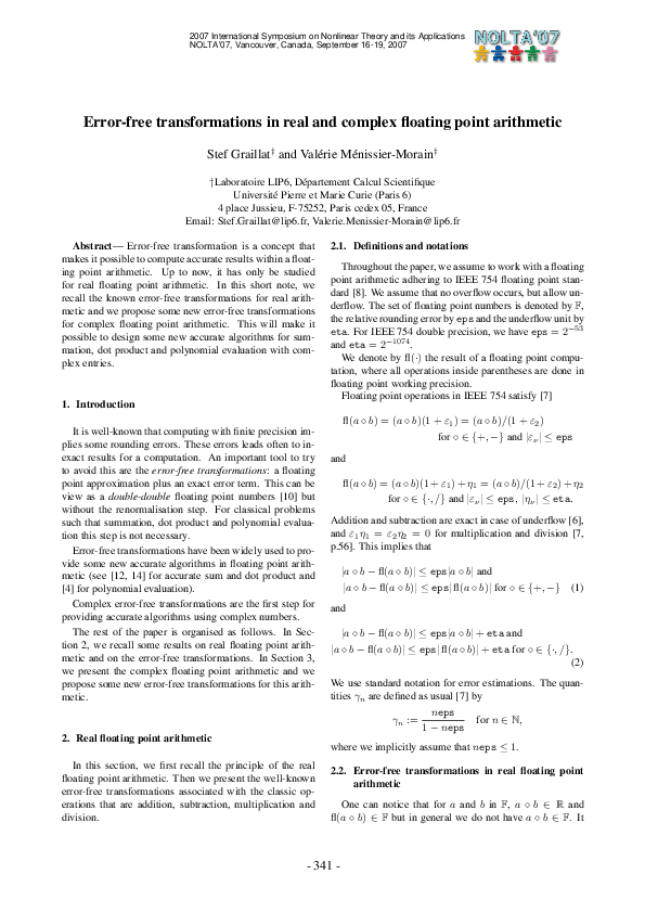 (PDF) Error-free transformations in real and complex floating point arithmetic